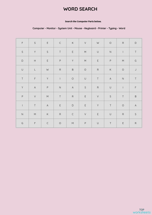 Word Search Computer. Interactive worksheet | TopWorksheets