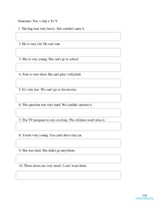 too exercises. Interactive worksheet | TopWorksheets