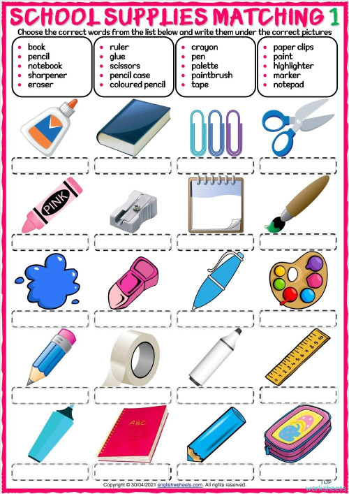 school supplies ใบงานเชิงโต้ตอบ | TopWorksheets