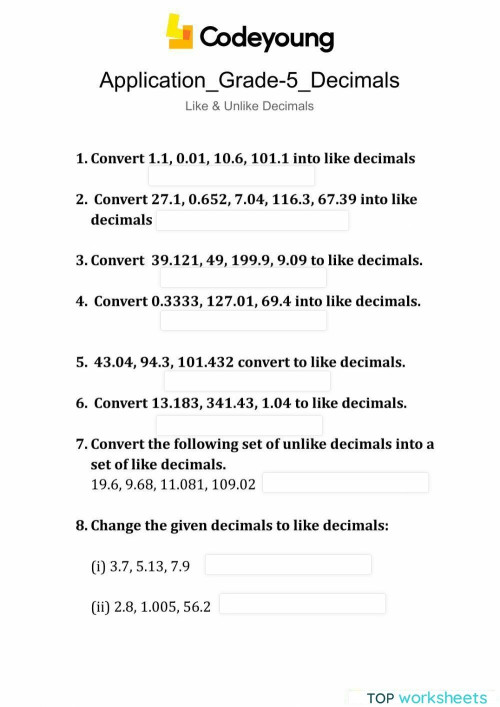 Application-Like & Unlike Decimals. Interactive worksheet | TopWorksheets