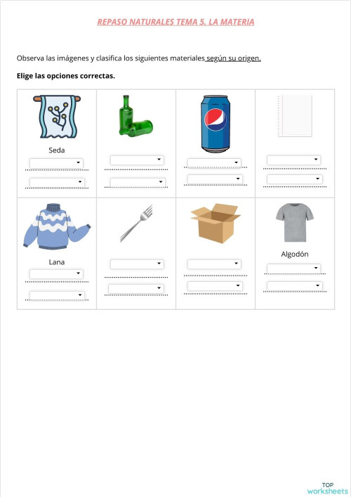 Materia y energía: fichas interactivas y ejercicios online | TopWorksheets