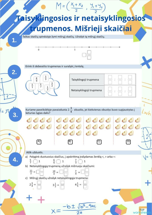 Taisyklingos ir netaisyklingos trupmenos. Mišrieji skaičiai. Interactive worksheet | TopWorksheets