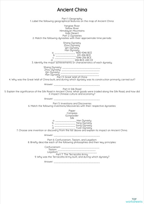 Ancient China. Interactive worksheet | TopWorksheets