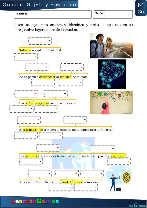 Ficha N° 36: Oración: Sujeto y Predicado. Ficha interactiva | TopWorksheets