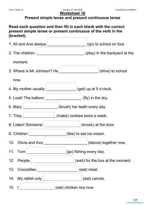 Worksheet 18 - Present simple and present continuous tense. Interactive ...