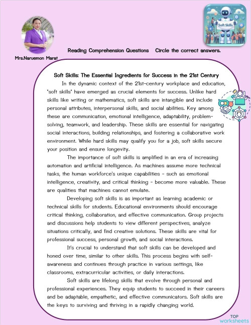 Reading Comprehension Soft Skills ใบงานเชิงโต้ตอบ | TopWorksheets