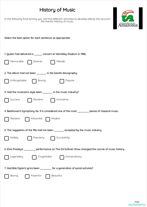 History of Music. Interactive worksheet | TopWorksheets