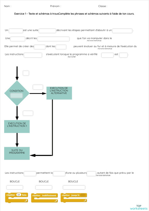 Introduction à l'algorithmique - Exercices d'application. Fiche interactive | TopWorksheets