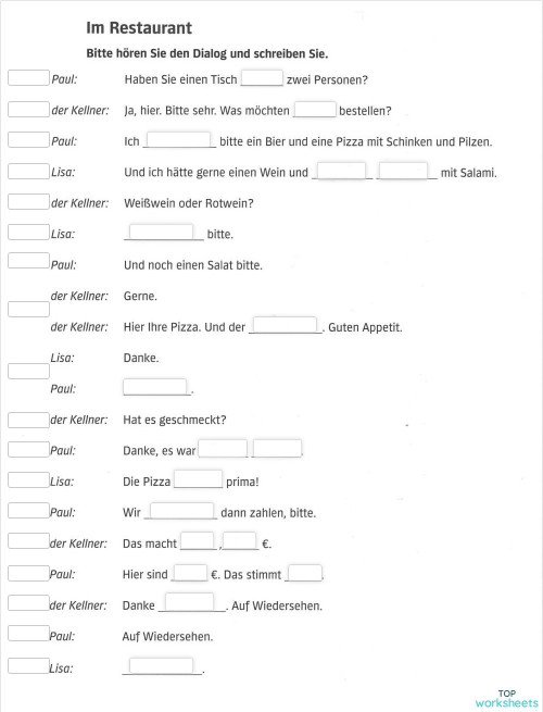 Im Restaurant. Interaktives Arbeitsblatt | TopWorksheets