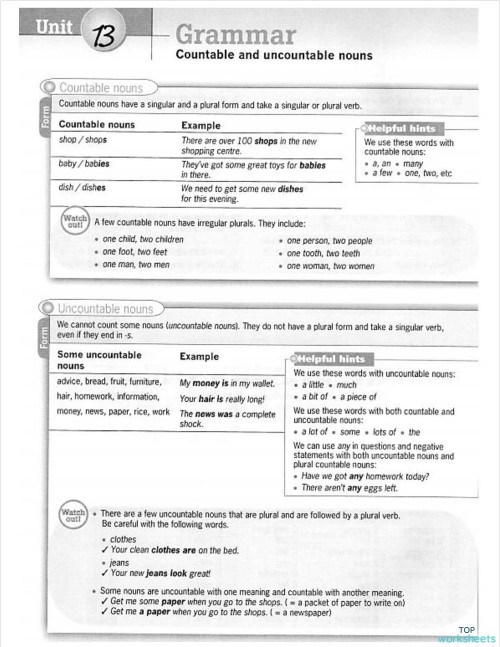 UNIT 13 COUNTABLE - UNCOUNTABLE NOUNS. Interactive worksheet ...