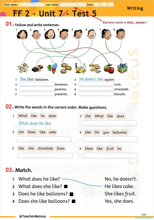 FF 2 - Unit 07 - Test 5 - Writing. Interactive worksheet | TopWorksheets
