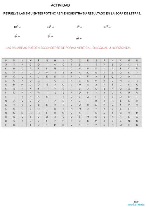 Potencias De NÚmeros Naturales Ficha Interactiva Topworksheets