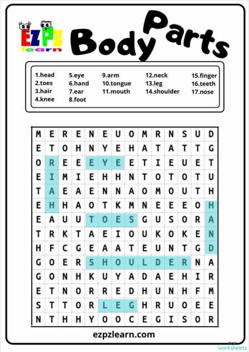 Body Parts Word Search. Interactive worksheet | TopWorksheets