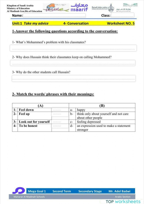 Mega Goal 1 Second Term Unit 2 Take My advice 4- Conversation ...