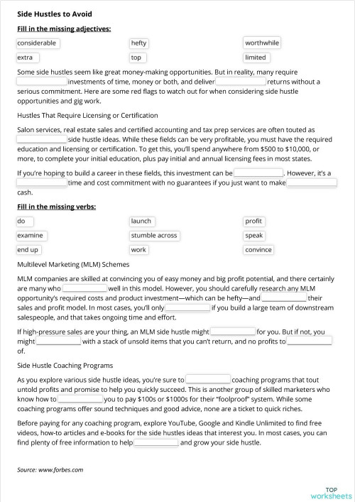 side hustles. Interactive worksheet | TopWorksheets