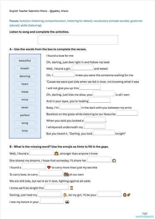 Listening - Song - Perfect - Ed Sheeran. Interactive worksheet ...