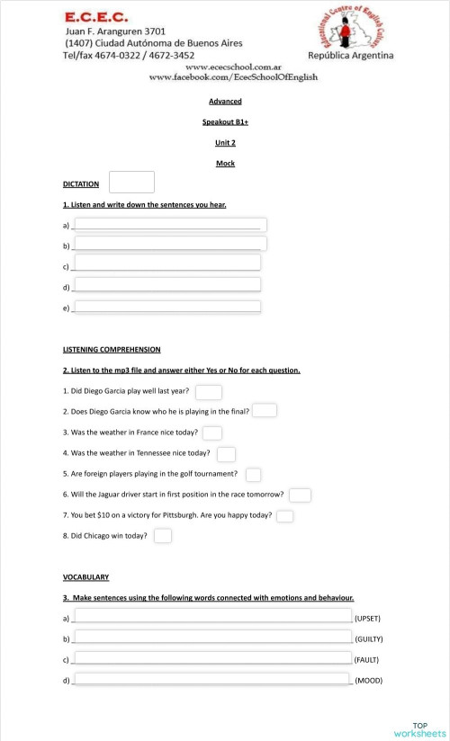MOCK UNIT 2 SPEAKOUT B1 +. Interactive worksheet | TopWorksheets
