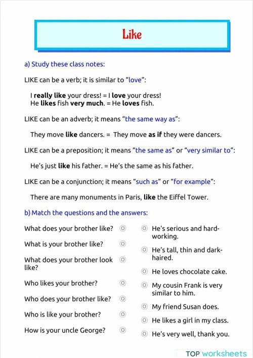Like [meaning and use]. Interactive worksheet | TopWorksheets