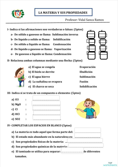 La Materia y sus Propiedades. Ficha interactiva | TopWorksheets