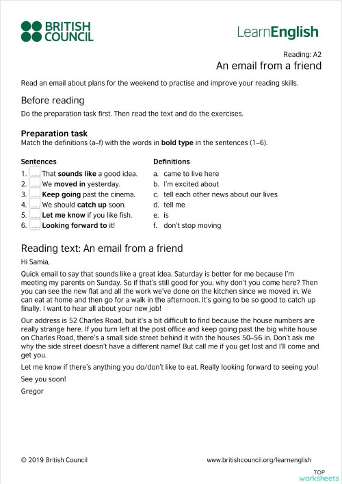 Reading comprehension A1. Interactive worksheet | TopWorksheets