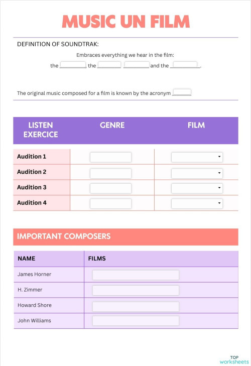 Music in film: interactive worksheets and online exercises | TopWorksheets