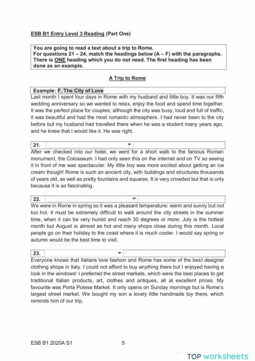 ESB B1 2020A READING. Interactive worksheet | TopWorksheets