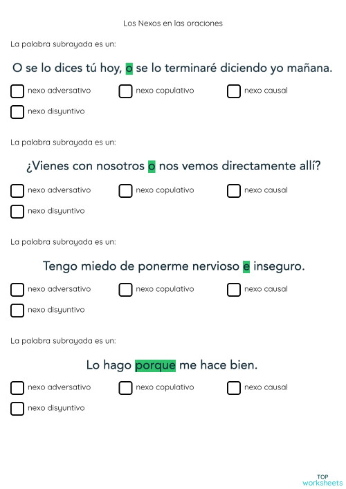 Los Nexos en las oraciones. Ficha interactiva | TopWorksheets