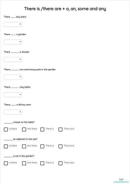 There is /there are + a, an, some and any. Interactive worksheet | TopWorksheets