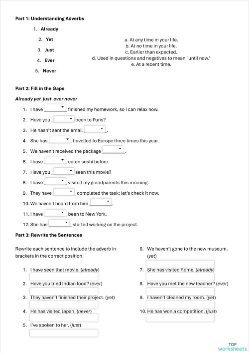 Present Perfect Adverbs. Interactive worksheet | TopWorksheets