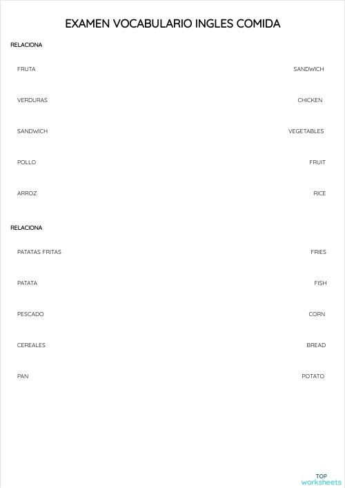 EXAMEN VOCABULARIO INGLES COMIDA. Ficha interactiva | TopWorksheets