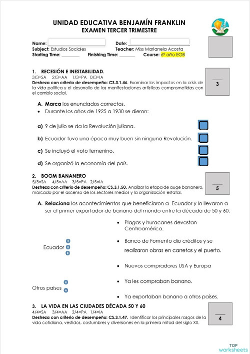 EXAMEN EESS 6° TERCER TRIMESTRE. Ficha interactiva | TopWorksheets