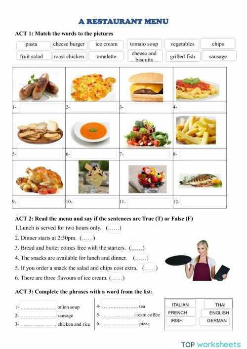 A restaurant menu interactive. Interactive worksheet | TopWorksheets