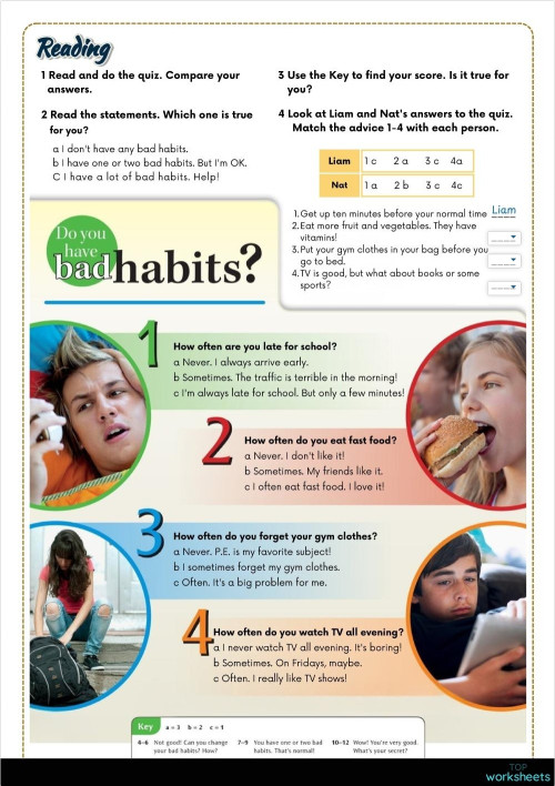 II.3 Reading. Bad habits 3rd. Interactive worksheet | TopWorksheets