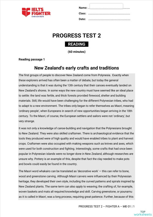 PROGRESS TEST 2 - READING -FIGHTER A. Interactive worksheet | TopWorksheets