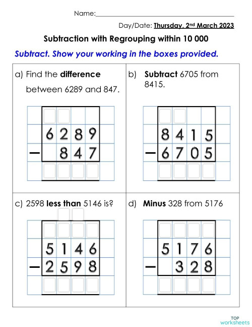 SUBTRACTION WITH REGROUPING WITHIN 10 000. Interactive worksheet ...