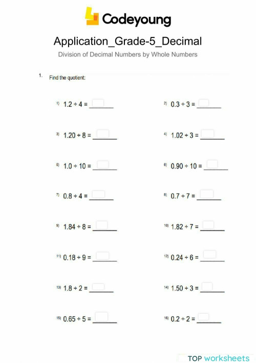 Application-Division of Decimal Numbers by Whole Numbers. Interactive ...