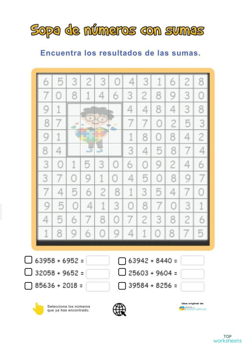 Sopa de sumas 04. Ficha interactiva | TopWorksheets