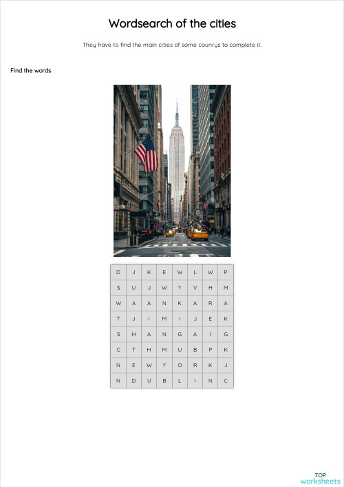 Wordsearch of the cities. Interactive worksheet | TopWorksheets
