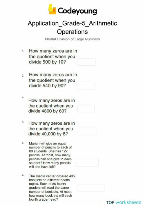 Application-Mental Division of Large Numbers. Interactive worksheet ...