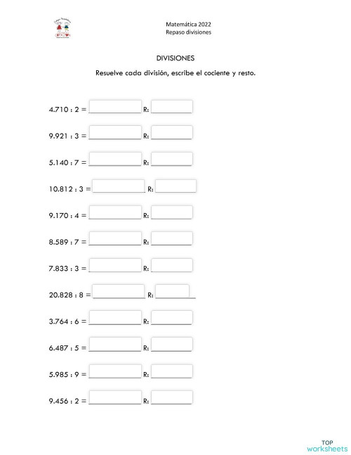 División de una cifra. Ficha interactiva | TopWorksheets