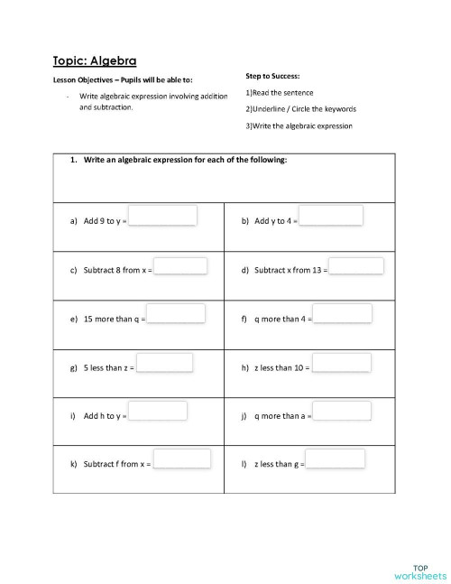 Writing Algebraic Expression (Addition & Subtraction). Interactive ...