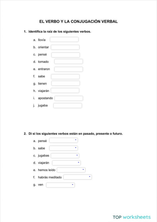 El verbo y la conjugación verbal. Ficha interactiva | TopWorksheets
