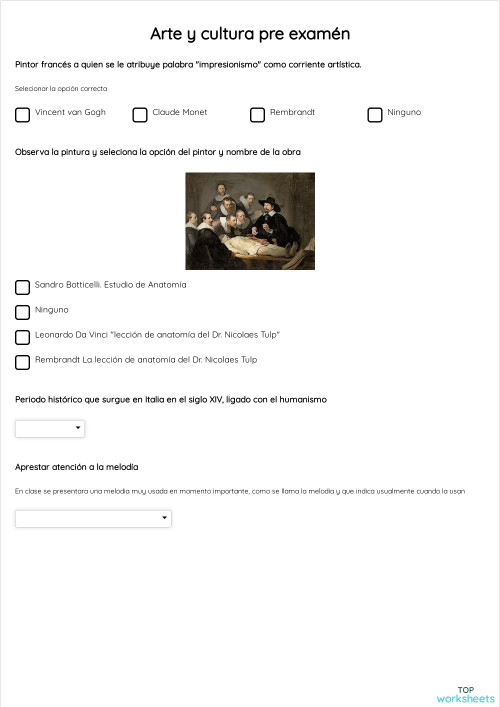 Arte y cultura pre examén. Ficha interactiva | TopWorksheets