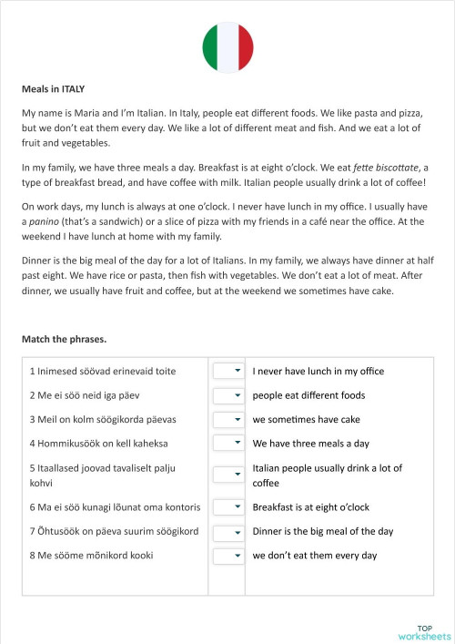 Lesson 16 - Food in Italy. Interactive worksheet | TopWorksheets