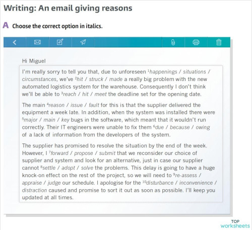 Writing . Email giving reasons. Interactive worksheet | TopWorksheets