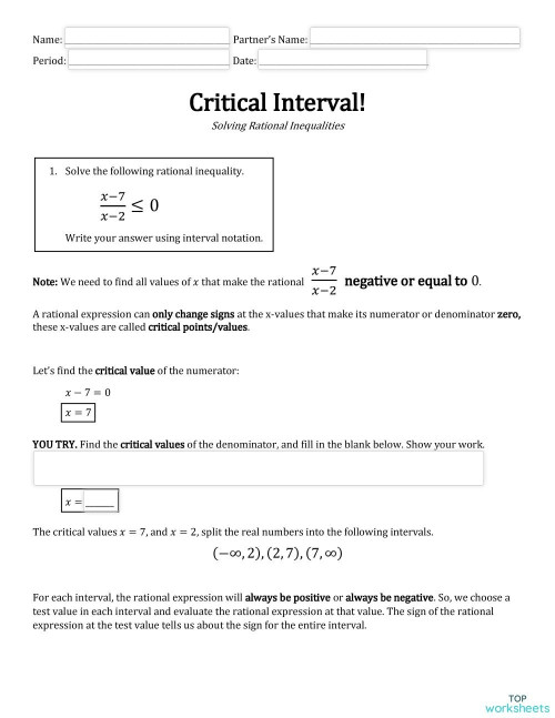 Critical Interval: Solving Rational Inequalities. Interactive worksheet ...