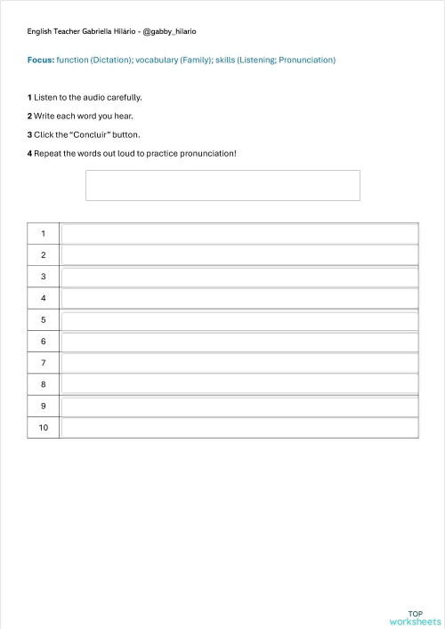 DICTATION Pre-A1 1 - Family. Interactive worksheet | TopWorksheets