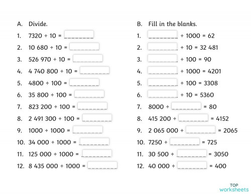 Division by 10 100 1000. Interactive worksheet | TopWorksheets
