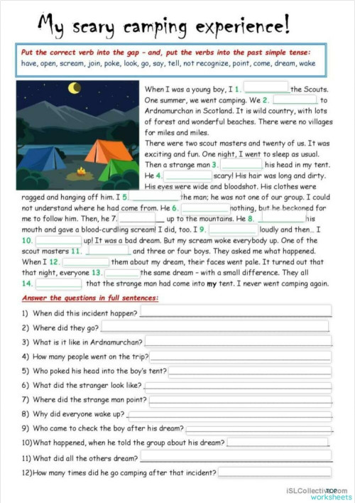 READING : MY SCARY CAMPING EXPERIENCE. Interactive worksheet ...