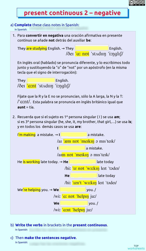 Present continuous 2 - negative. Interactive worksheet | TopWorksheets